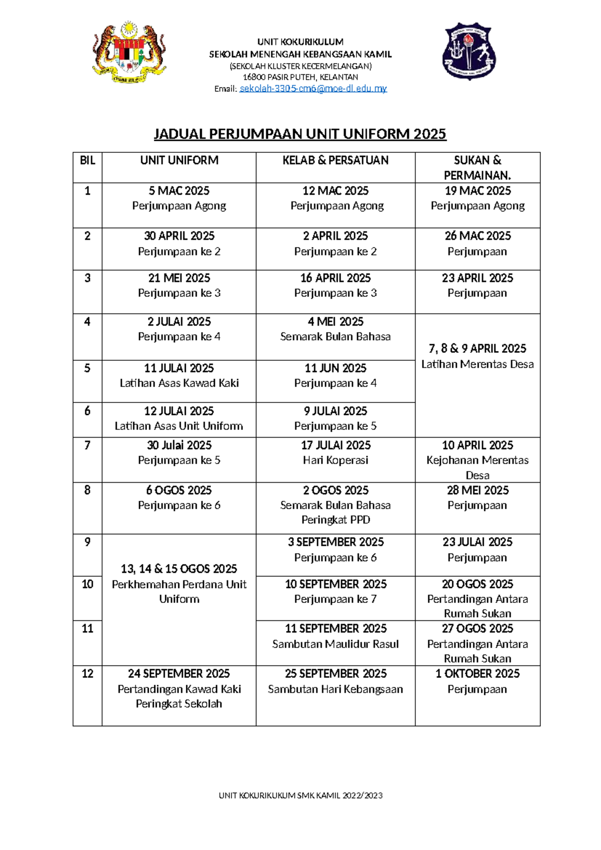 Jadual Perjumpaan UNIT Uniform 2025 - SMK Kamil - Studocu
