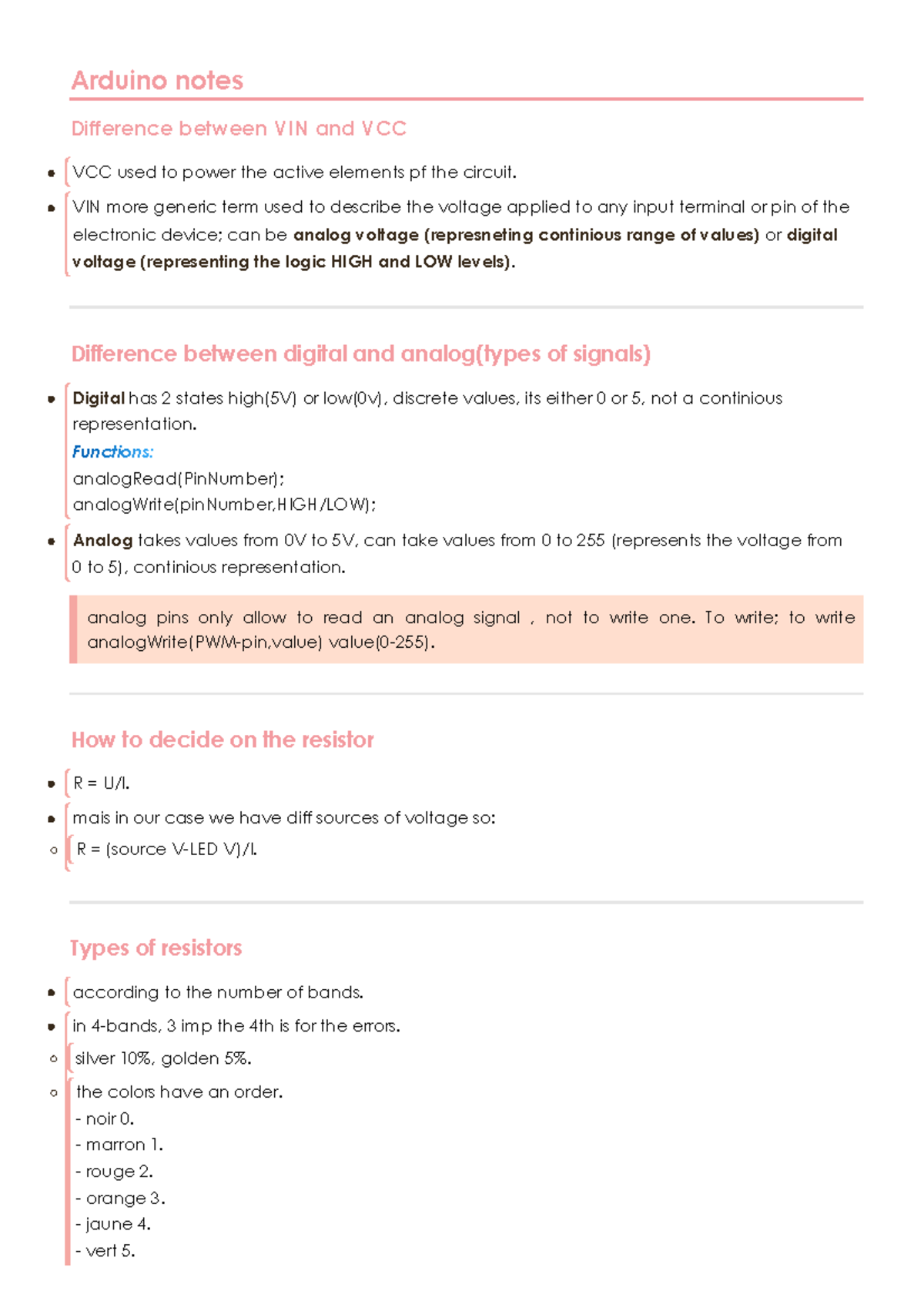 Arduino Lecture Notes: Differences Among VIN, VCC, and Resistors - Studocu