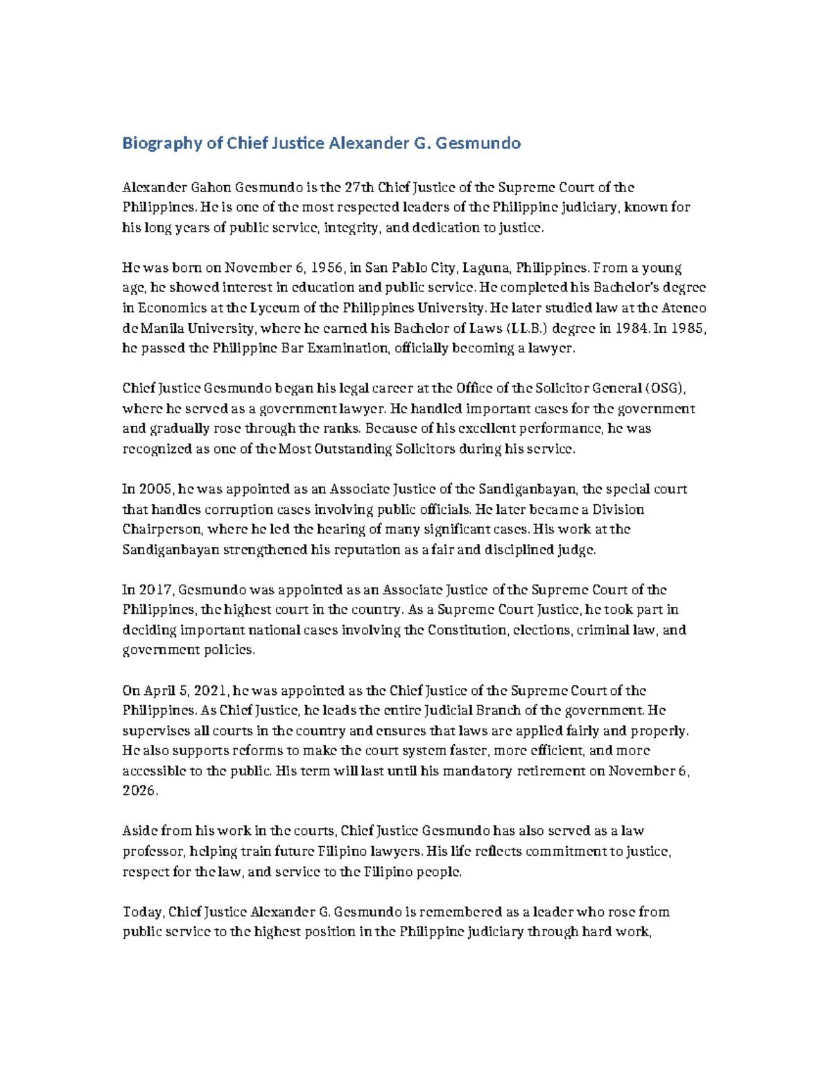Biography of Chief Justice Alexander G. Gesmundo: A Legacy of Justice ...