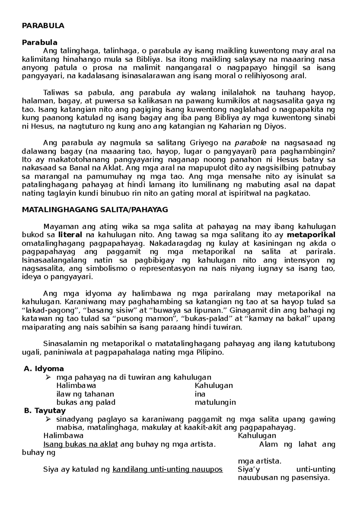 Filipino 9 Ikatlong Markahan: Pag-aaral sa Parabula at Elehiya - Studocu