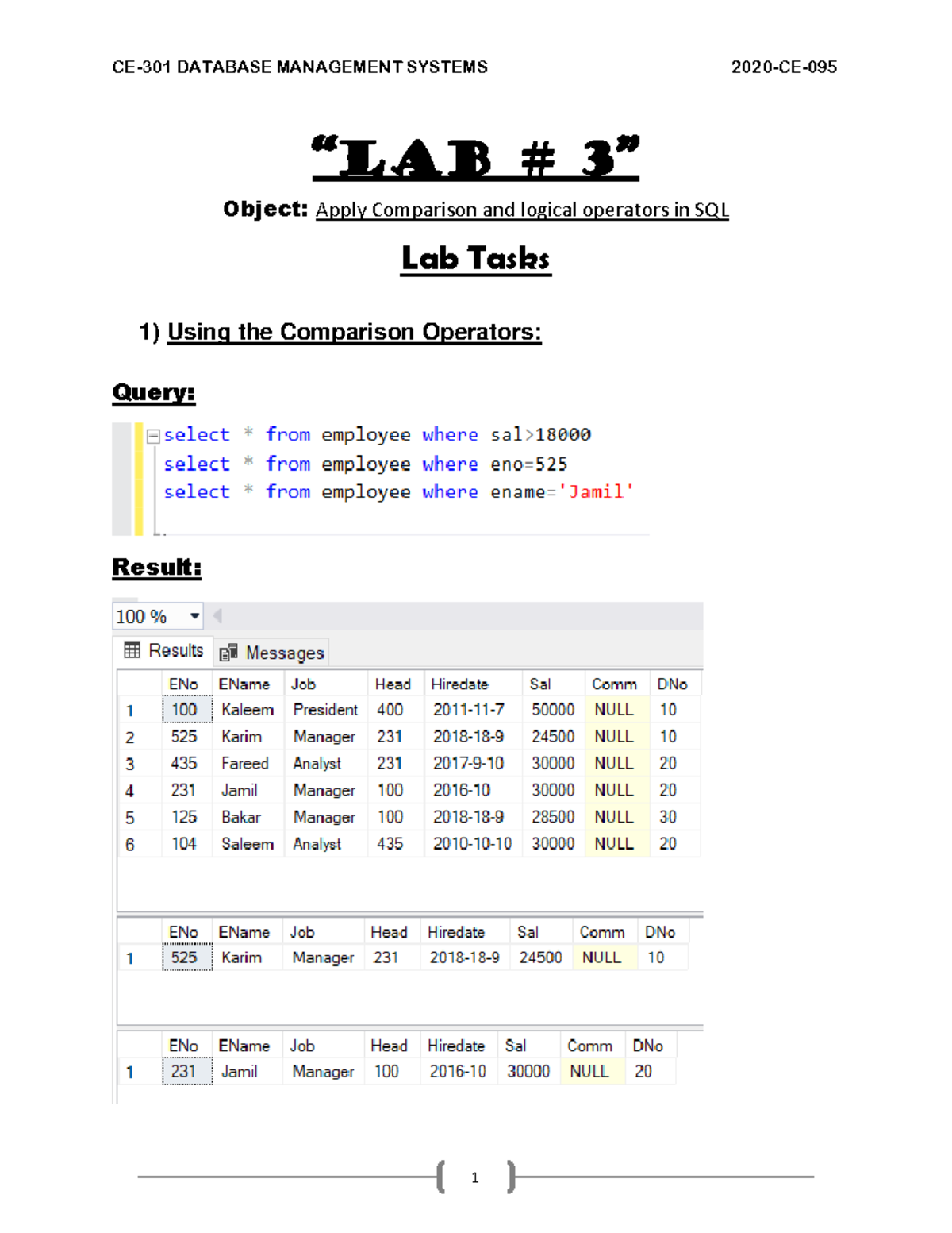 DATABASE MANAGEMENT SYSTEMS Lab 3: SQL Comparison & Logical Operators ...