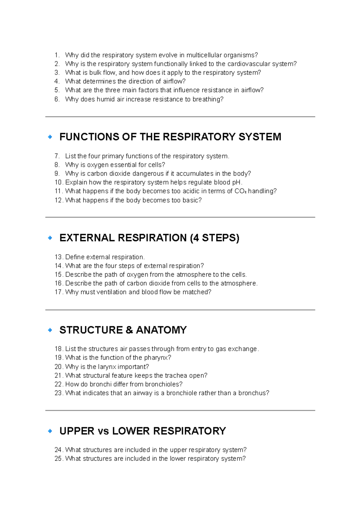 Respiration 1 - Key Questions on Respiratory System Functions and ...