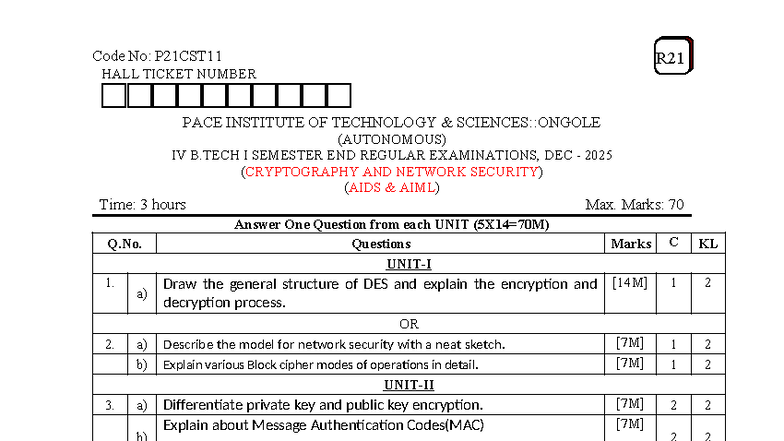 R21 Model QP - Cryptography and Network Security (CNS) Exam Dec 2025 - Studocu