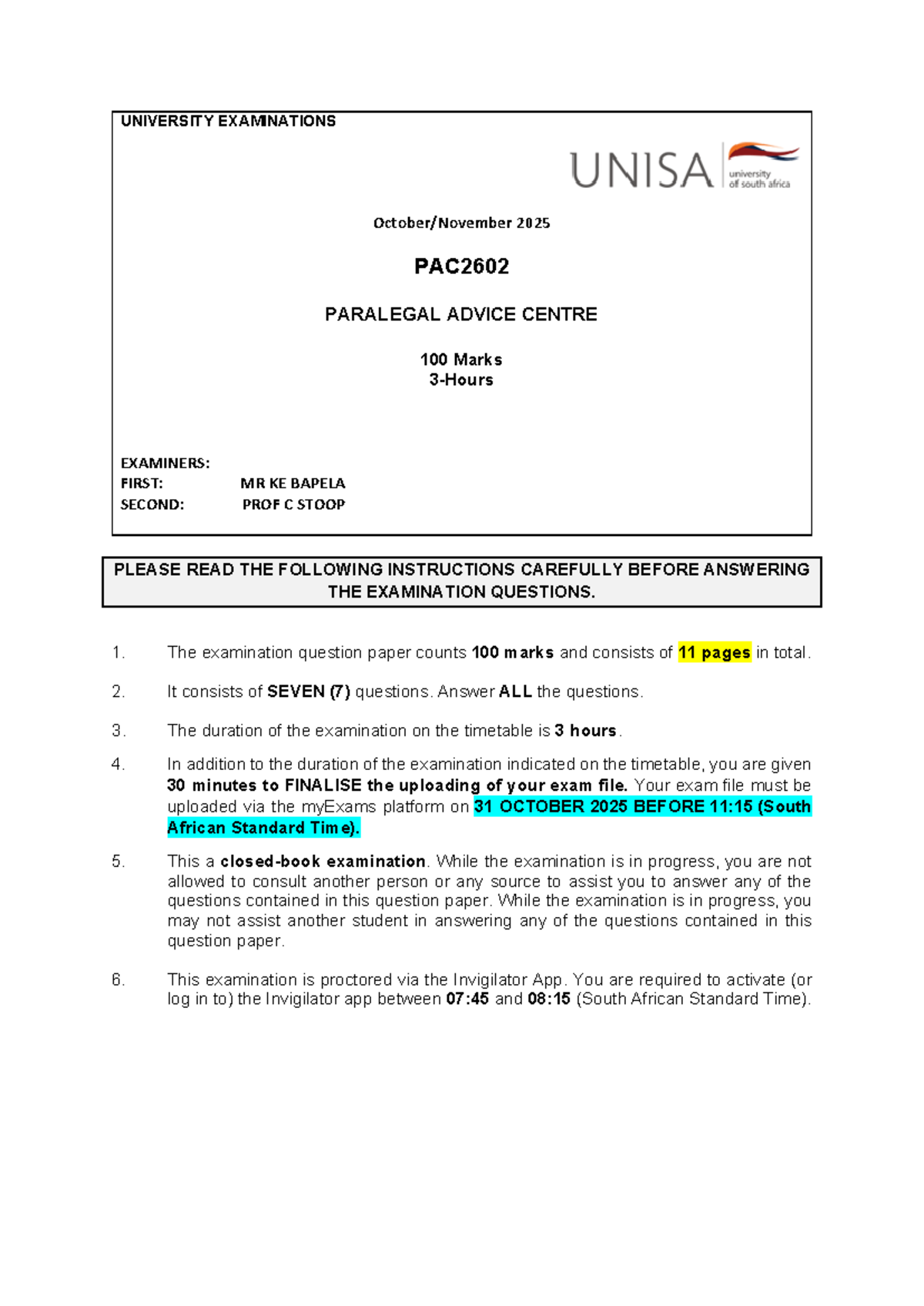 PAC2602 2025 Final Exam: Paralegal Advice Centre Guidelines - Studocu