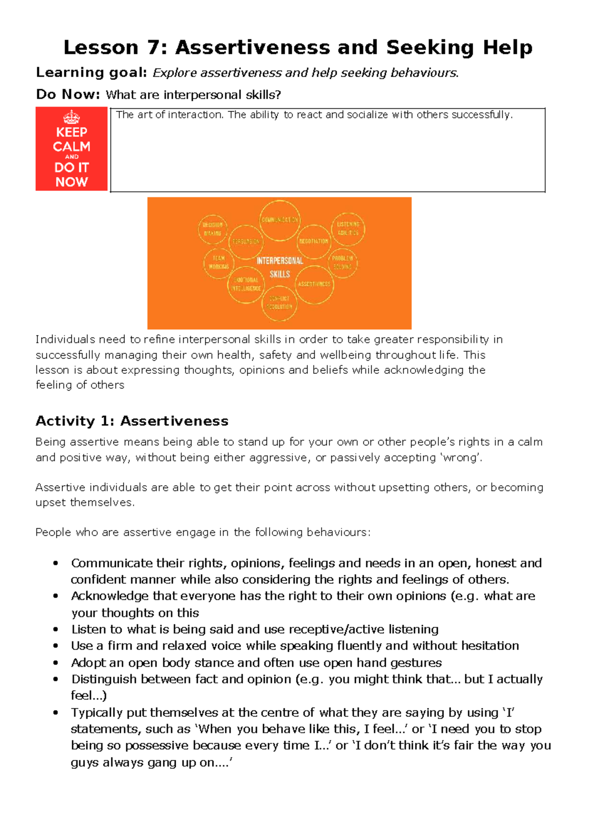 Challenges and Resilience - Year 10 PDHPE Lesson 7: Assertiveness & Help Seeking - Studocu
