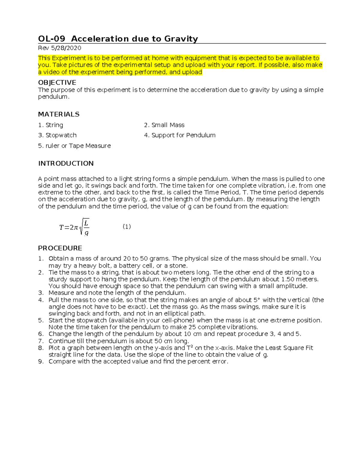 Lab 5 OL-09 Determining Acceleration due to Gravity using Pendulum ...