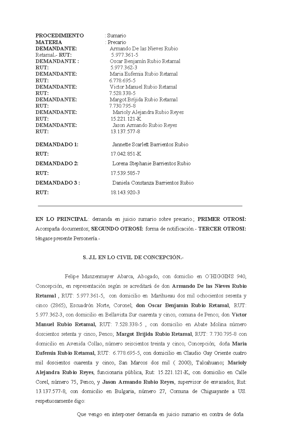 Modelo de Demanda Precario - Juicio Sumario sobre Inmueble Penco - Studocu