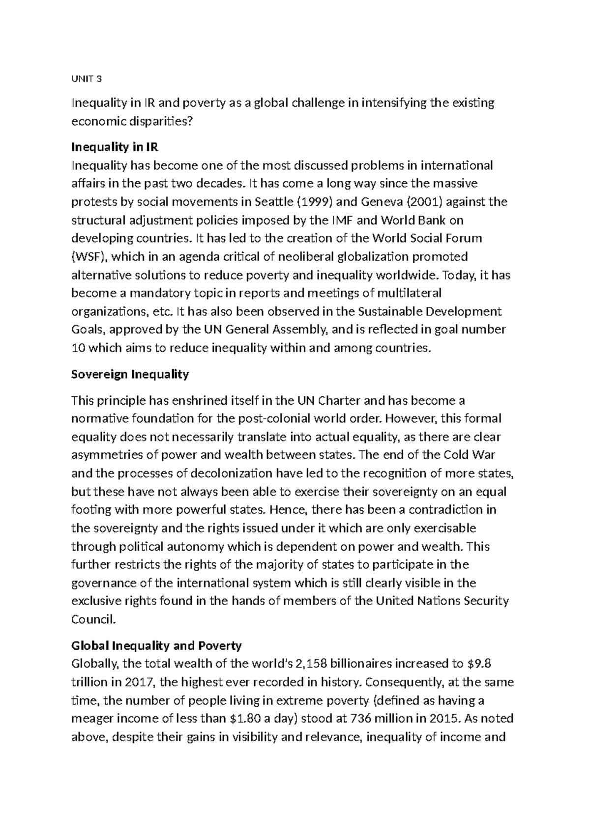 Unit 3: Global Inequality and Poverty as a Major Challenge - Studocu