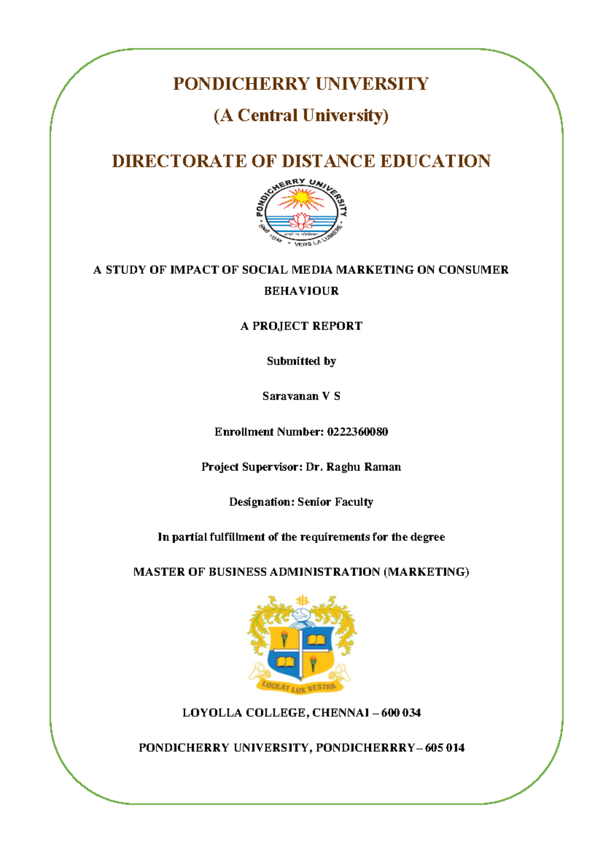 Pro 1 PULC MBA Final Year Project: Social Media Marketing Impact Study ...
