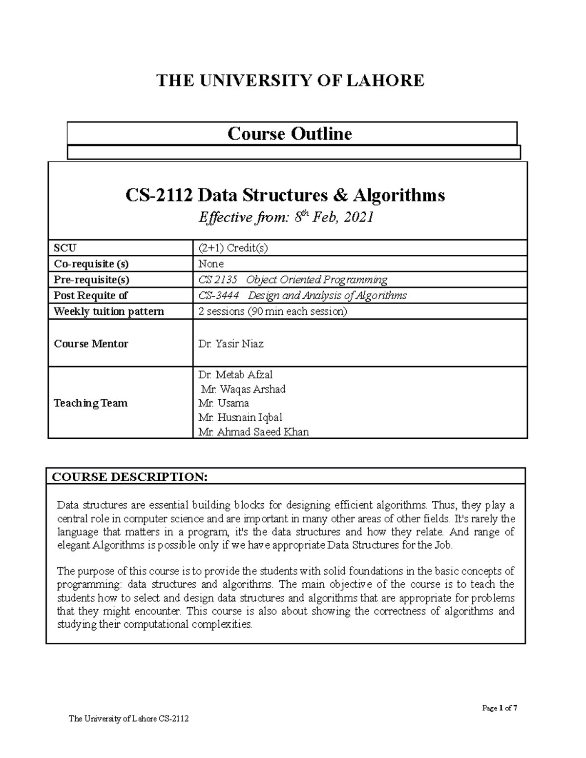 CS-2112 Course Outline: Data Structures & Algorithms Overview - Studocu