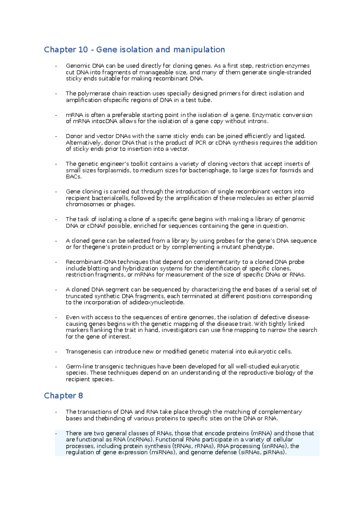Genetics - Key concepts - chapter 8 and 11 - Chapter 10 - Gene isolation and manipulation ...
