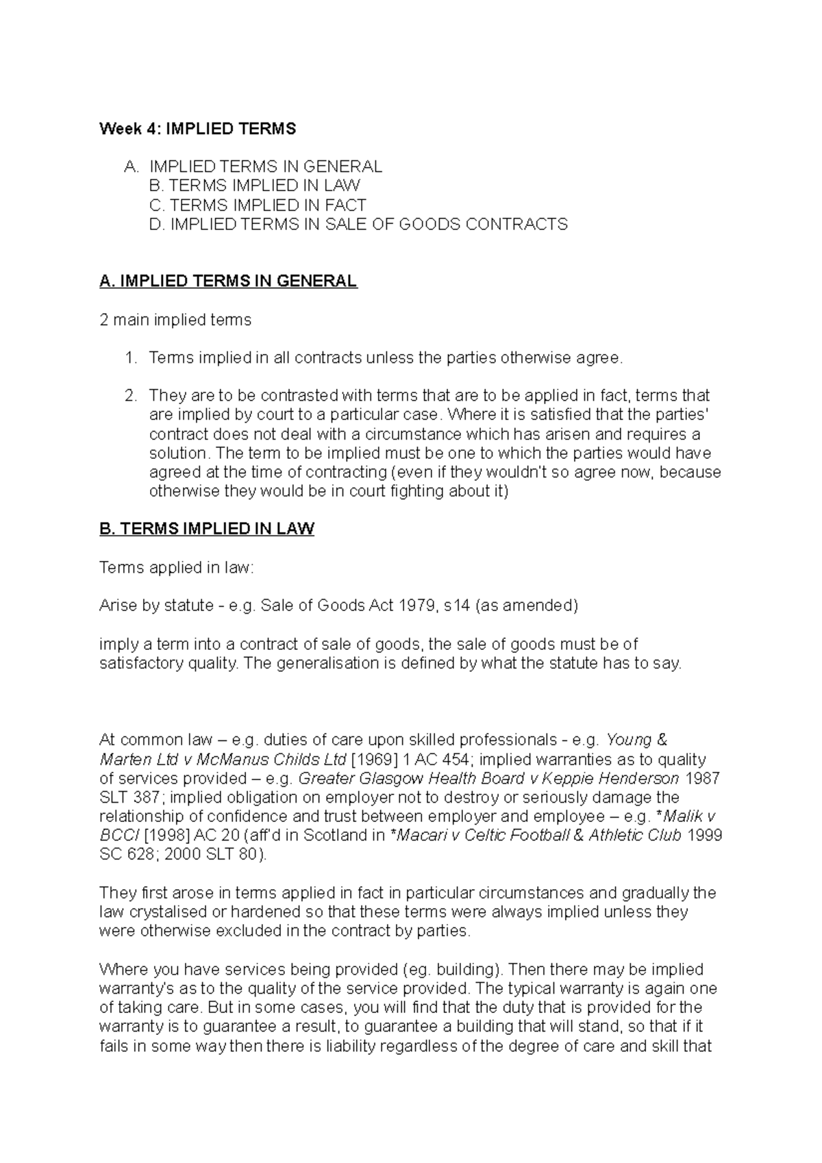 WEEK 4 - Understanding Implied Terms in Contract Law - Studocu