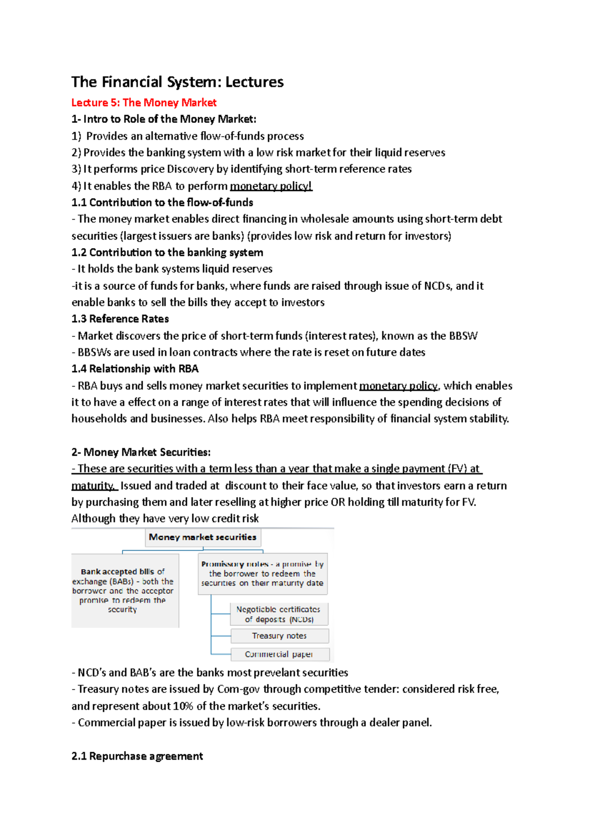 FINA 101: The Financial System Lectures - Lecture Notes 1-6 Overview ...