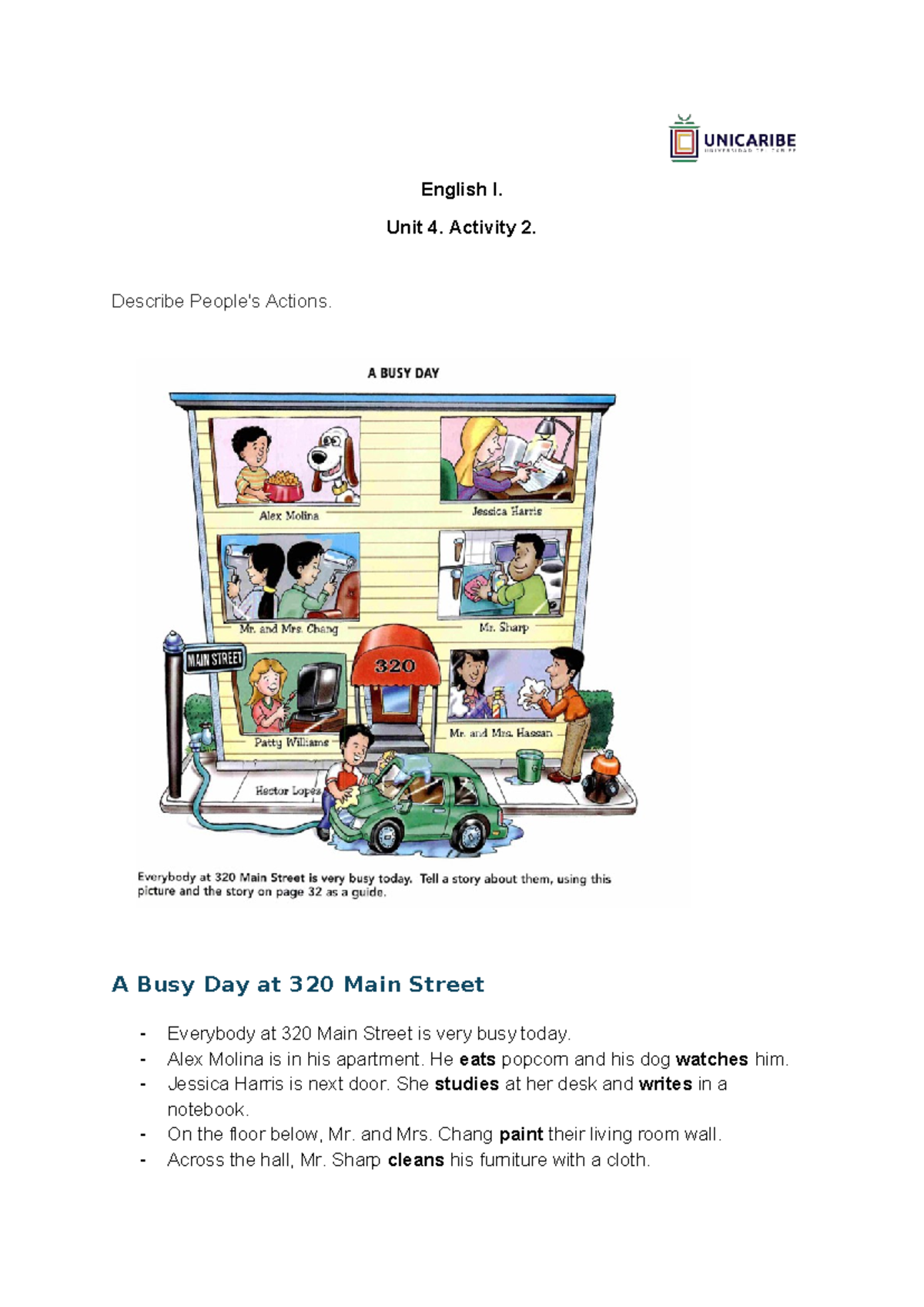 English I. Unit 4: Describe People's Actions - A Busy Day at 320 Main ...