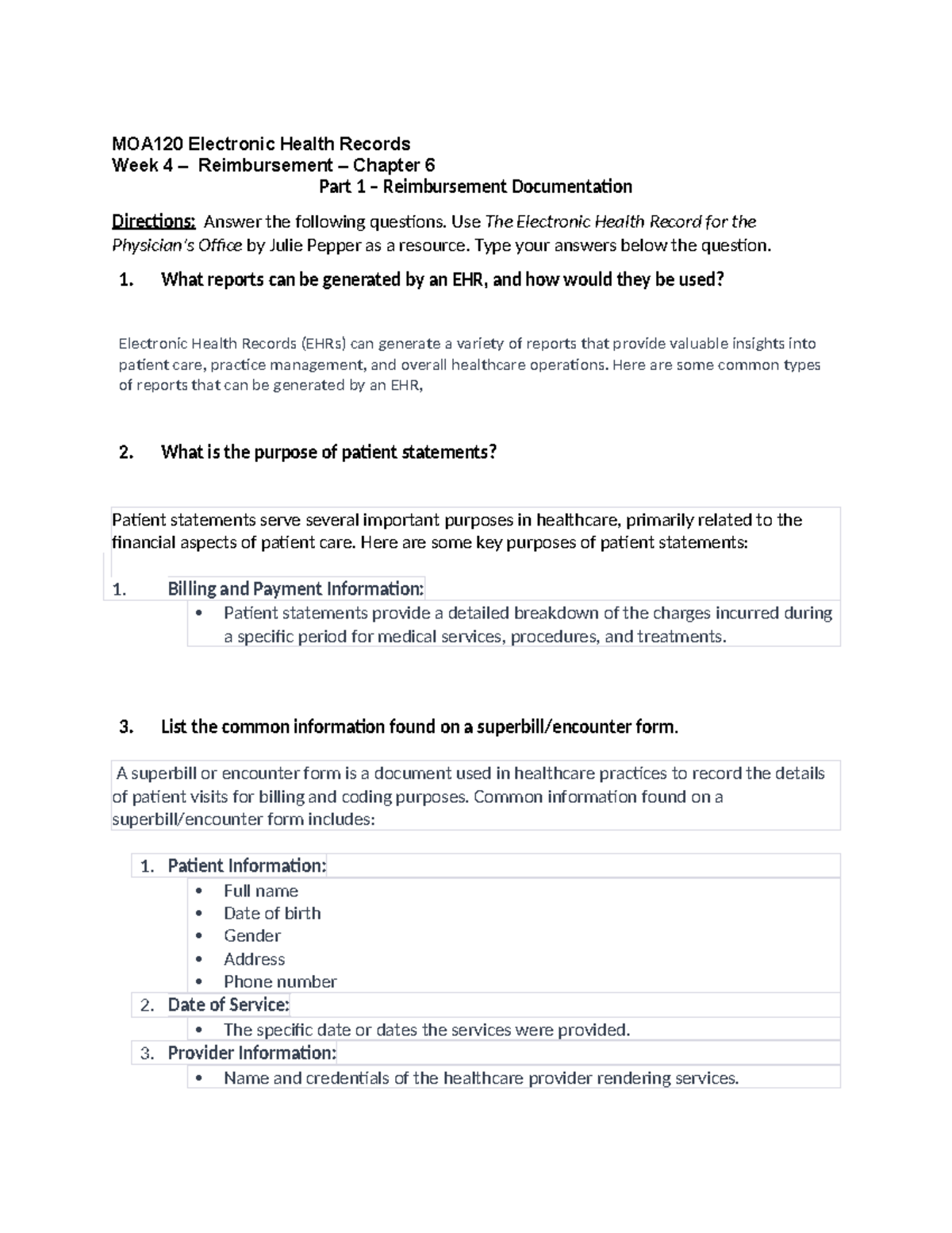 MOA120 Week 4 Reimbursement Assignment Worksheet and Questions - Studocu