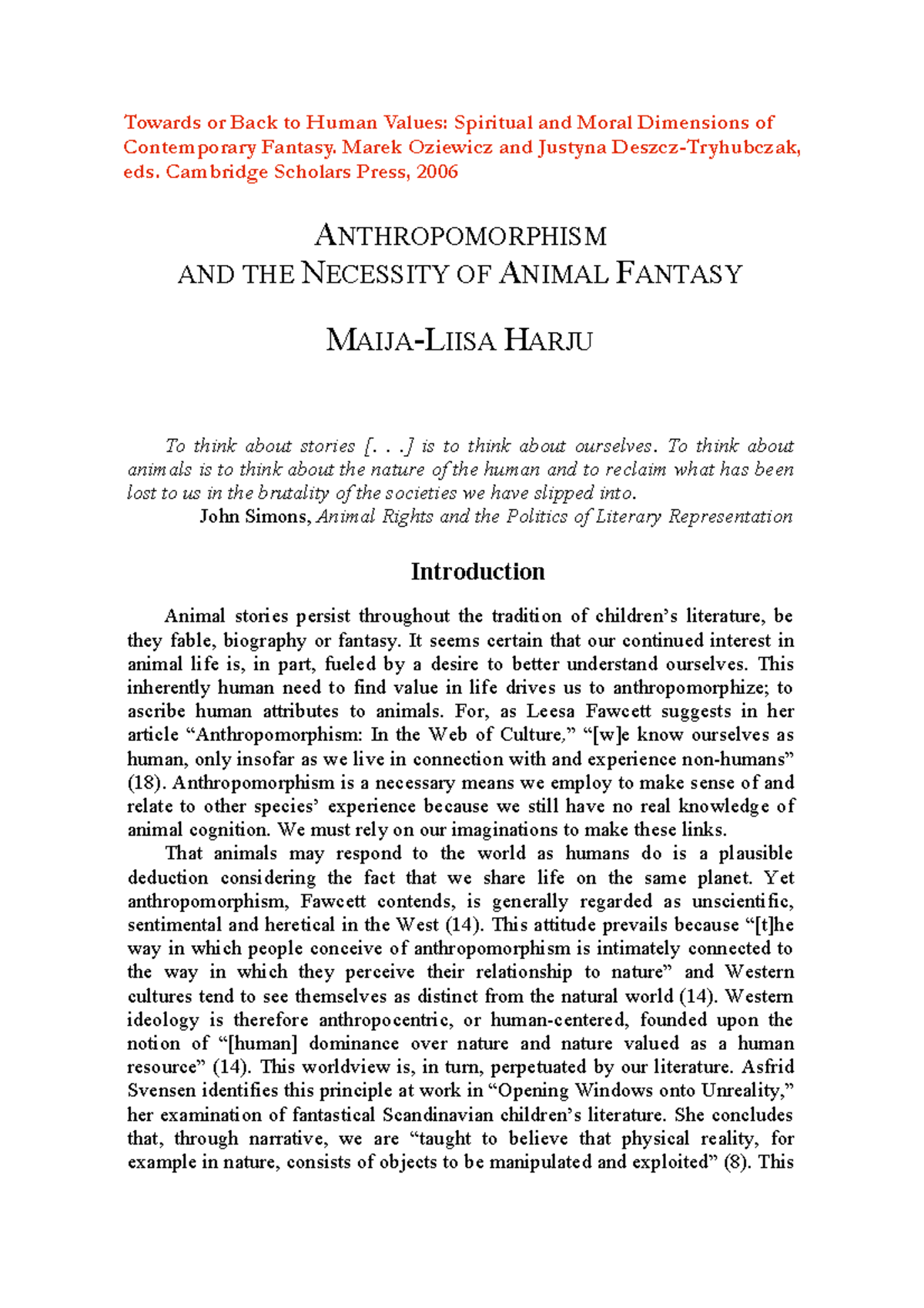 Anthropomorphism and Animal Fantasy: A Personalistic Perspective (ANTH ...