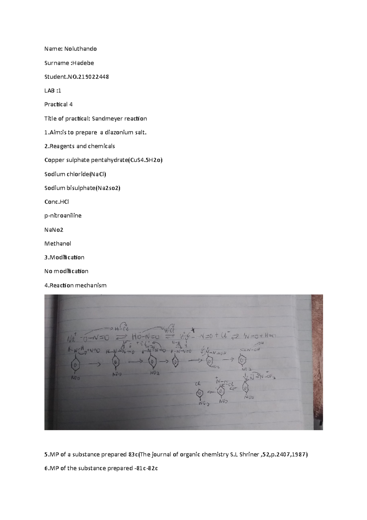 Chem220 prac 4 - organic chemistry - Name: Noluthando Surname :Hadebe ...