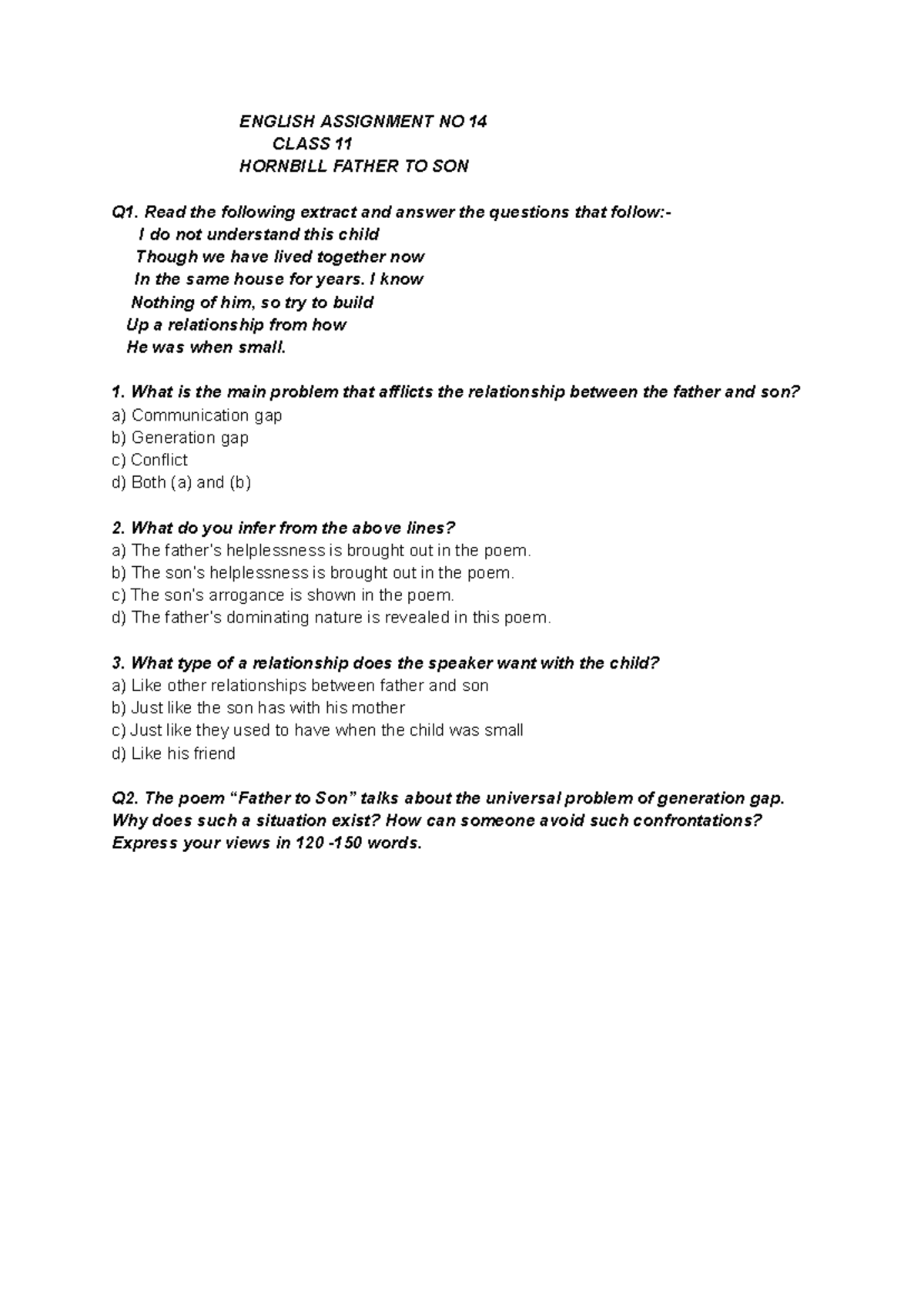 ENGLISH ASSIGNMENT NO 14 CLASS 11 HORNBILL FATHER TO SON ANALYSIS - Studocu