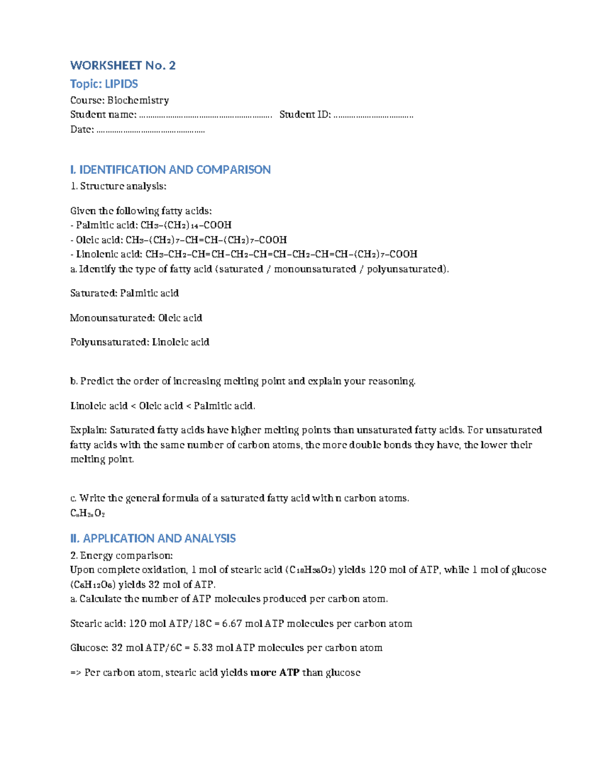 Worksheet No. 2: Lipids Analysis in Biochemistry - Studocu