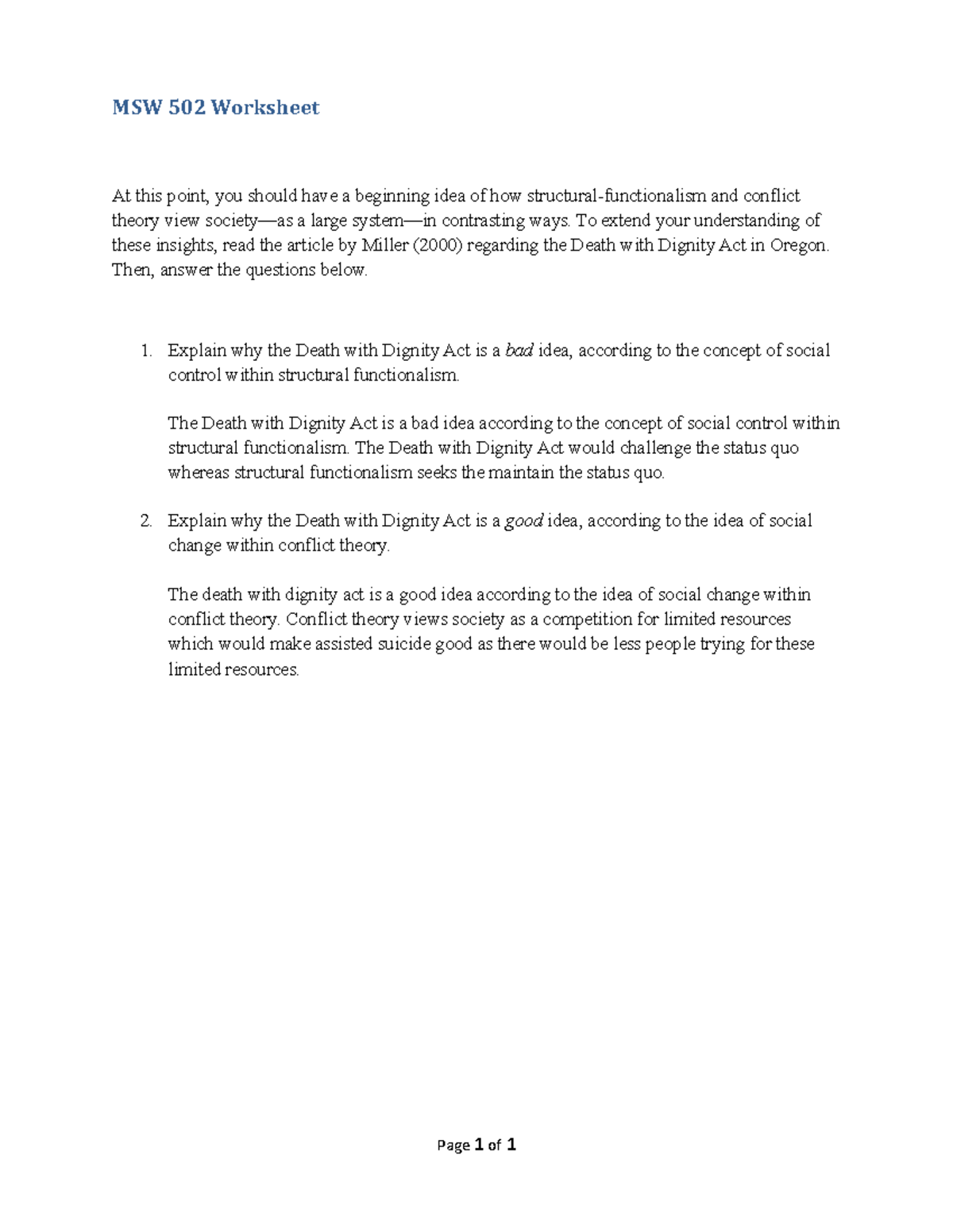 MSW 502 Worksheet: Structural-Functionalism vs. Conflict Theory - Studocu