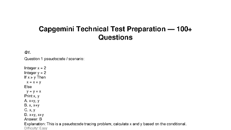 Capgemini Technical Test Prep: 100 Pseudocode Questions - Studocu