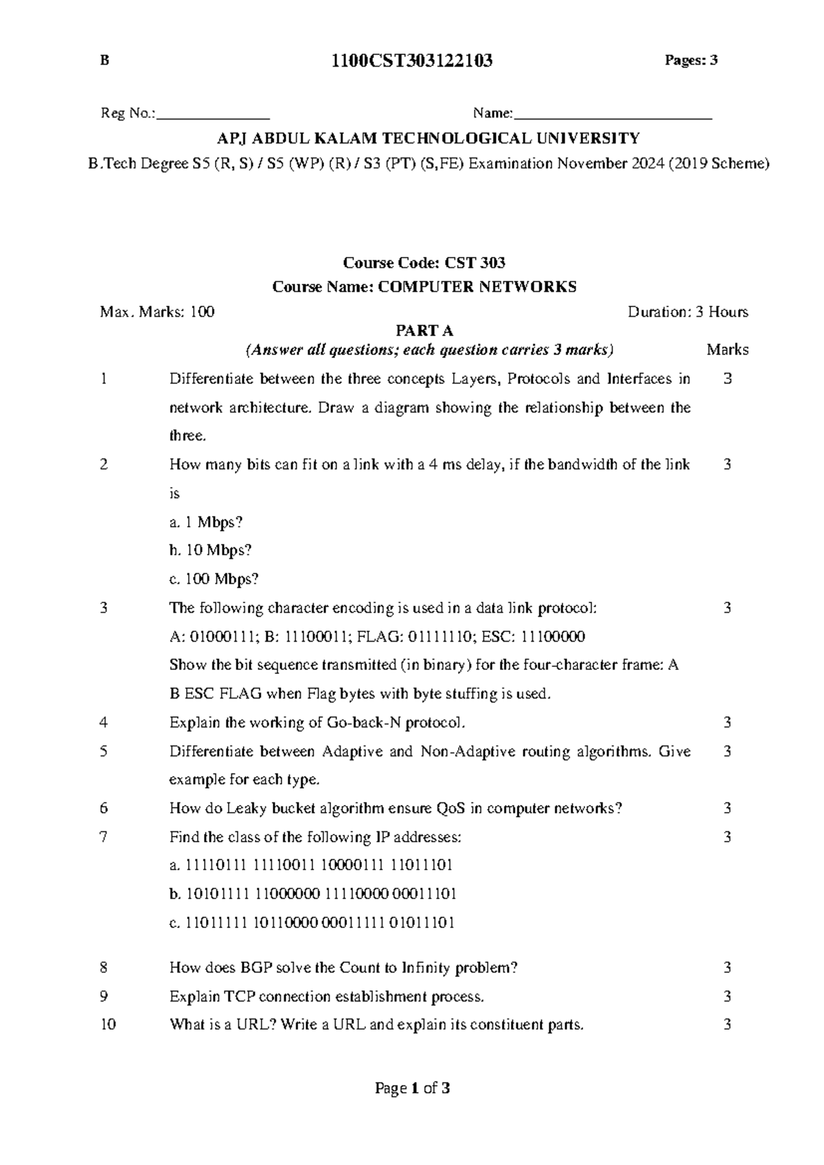 CST 303 Final Exam Question Paper - Computer Networks - Studocu