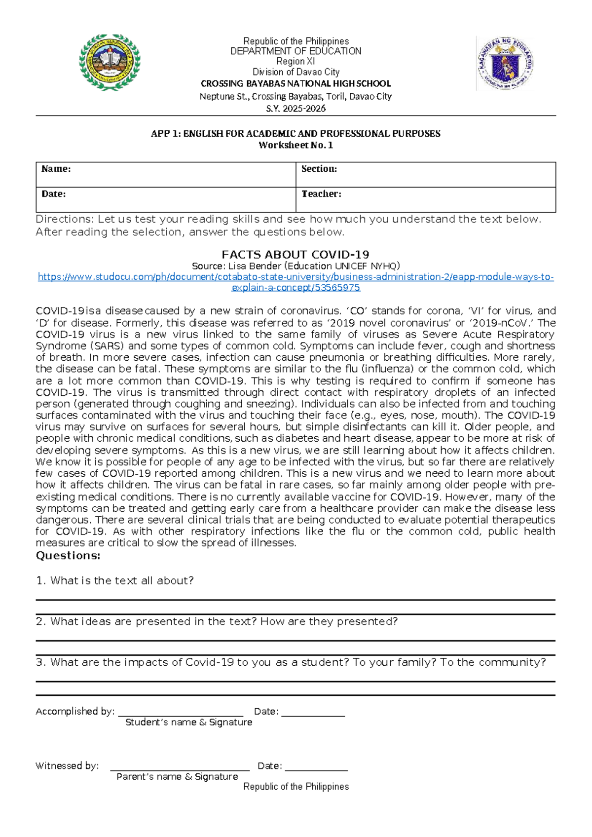 EAPP 1: Worksheets for English for Academic and Professional Purposes ...