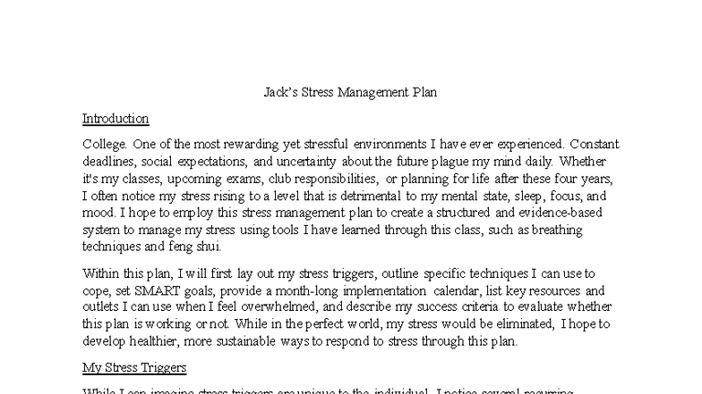 Stress Management Plan: Techniques and Goals for College Success - Studocu
