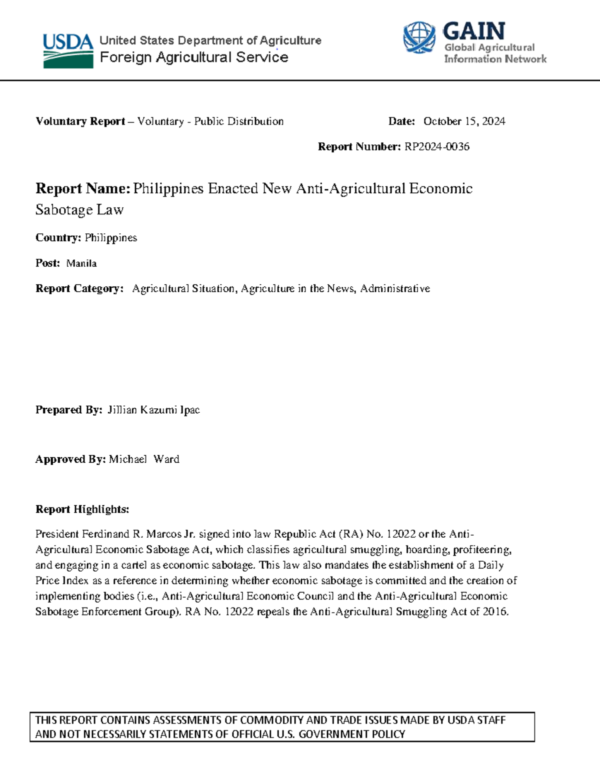 Philippines Enacted New Anti-Agricultural Economic Sabotage Law Manila ...