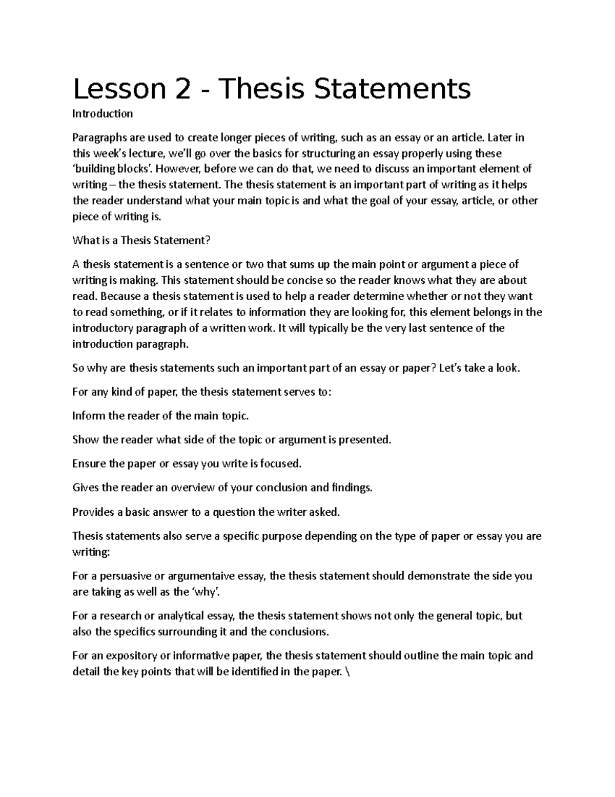 Lesson 2 - Thesis Statements - Lesson 2 - Thesis Statements ...