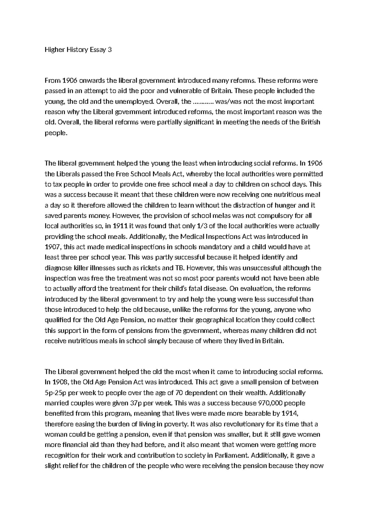 Higher History Essay 3: Liberal Reforms and Their Impact (HIST 101 ...