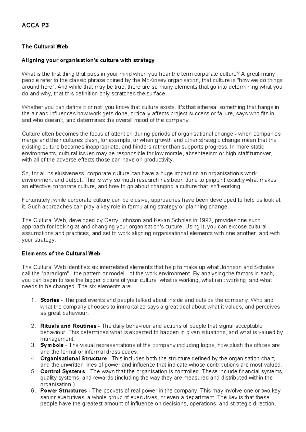 Acca P Lecture Notes On The Cultural Web And Organizational Culture