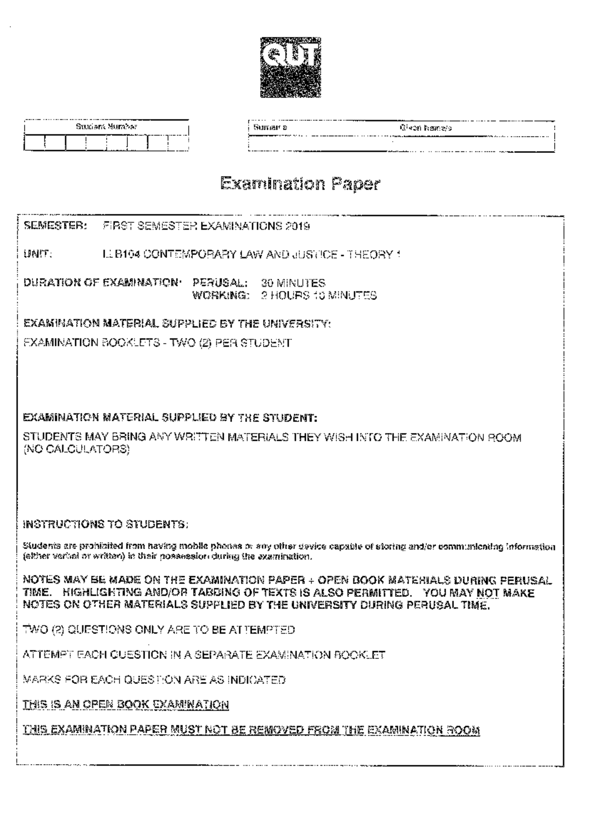 2019-QUT-LLB104 Final Exam Paper: Contemporary Law & Justice Theory 1 ...