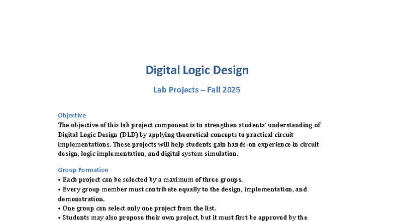 Digital Logic Design Lab Projects DLD 2025: Group Guidelines ...