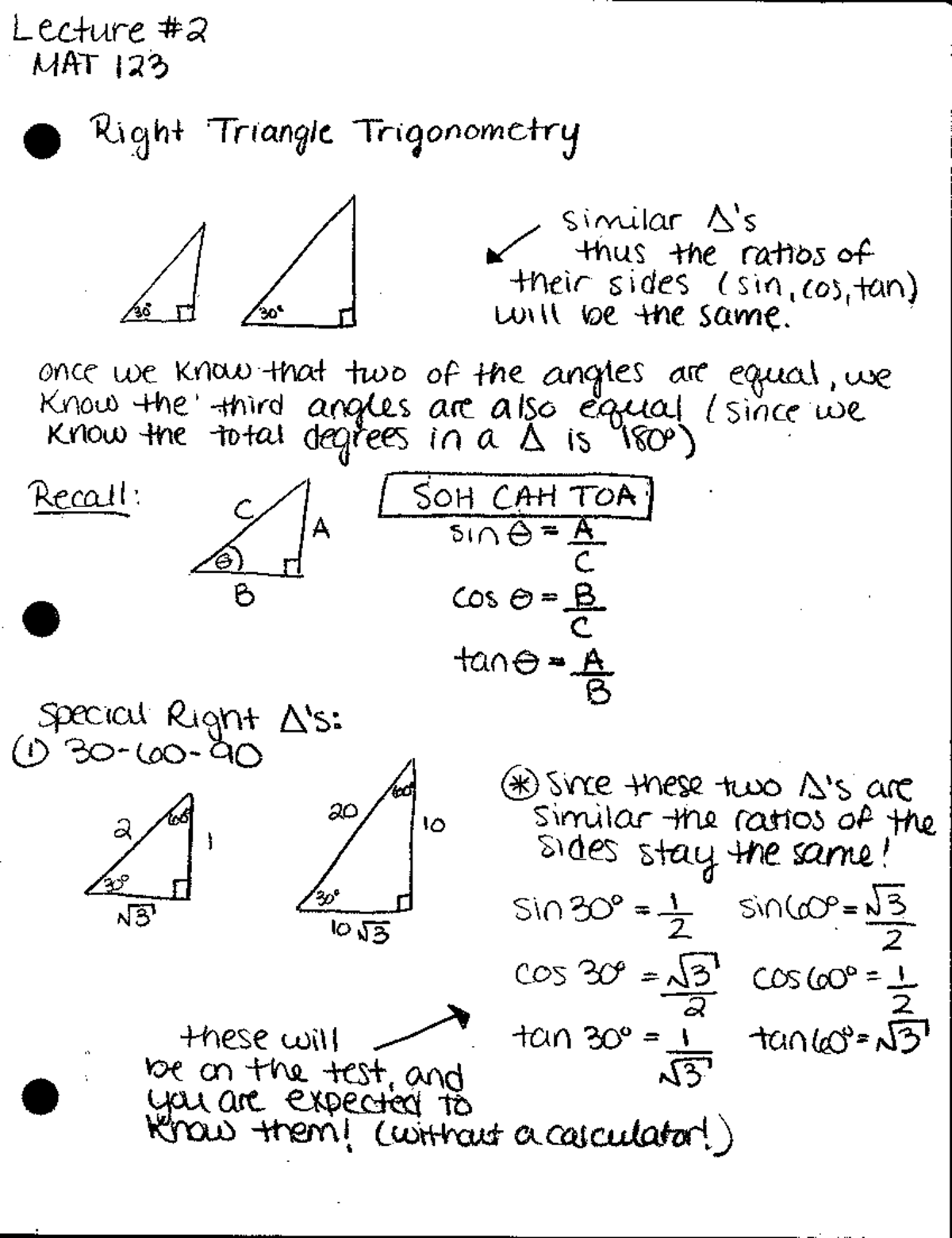 Lecture Notes for MAT 123: Right Triangle Trigonometry Concepts - Studocu