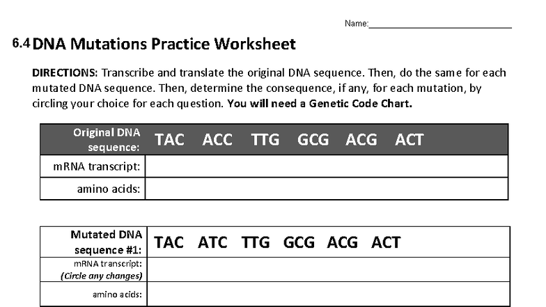 DNA Mutations Practice Worksheet (6.4) - Studocu