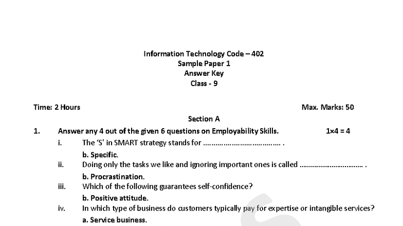 IT 402 Class 9 Sample Paper 1 Answer Key - Employability Skills - Studocu