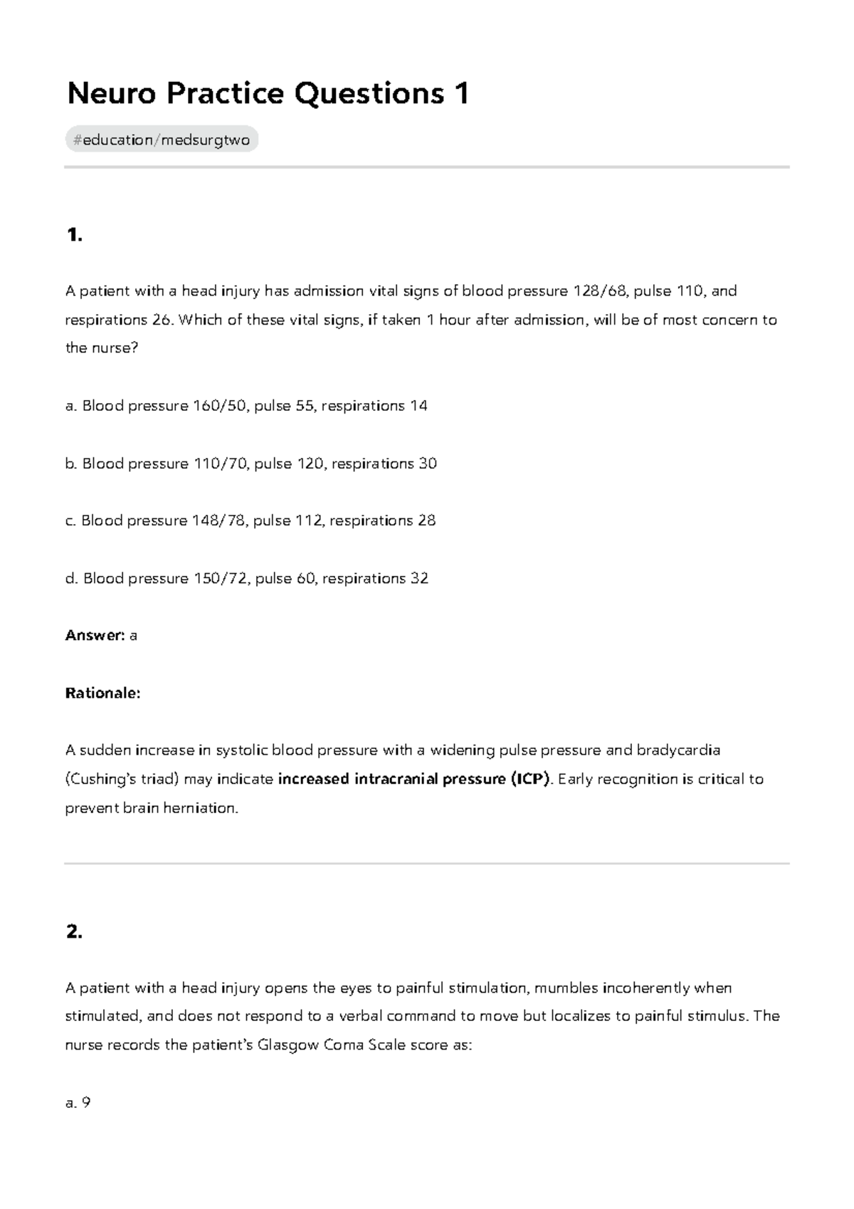 Neuro Practice Questions 1: Vital Signs, GCS, and ICP Management - Studocu