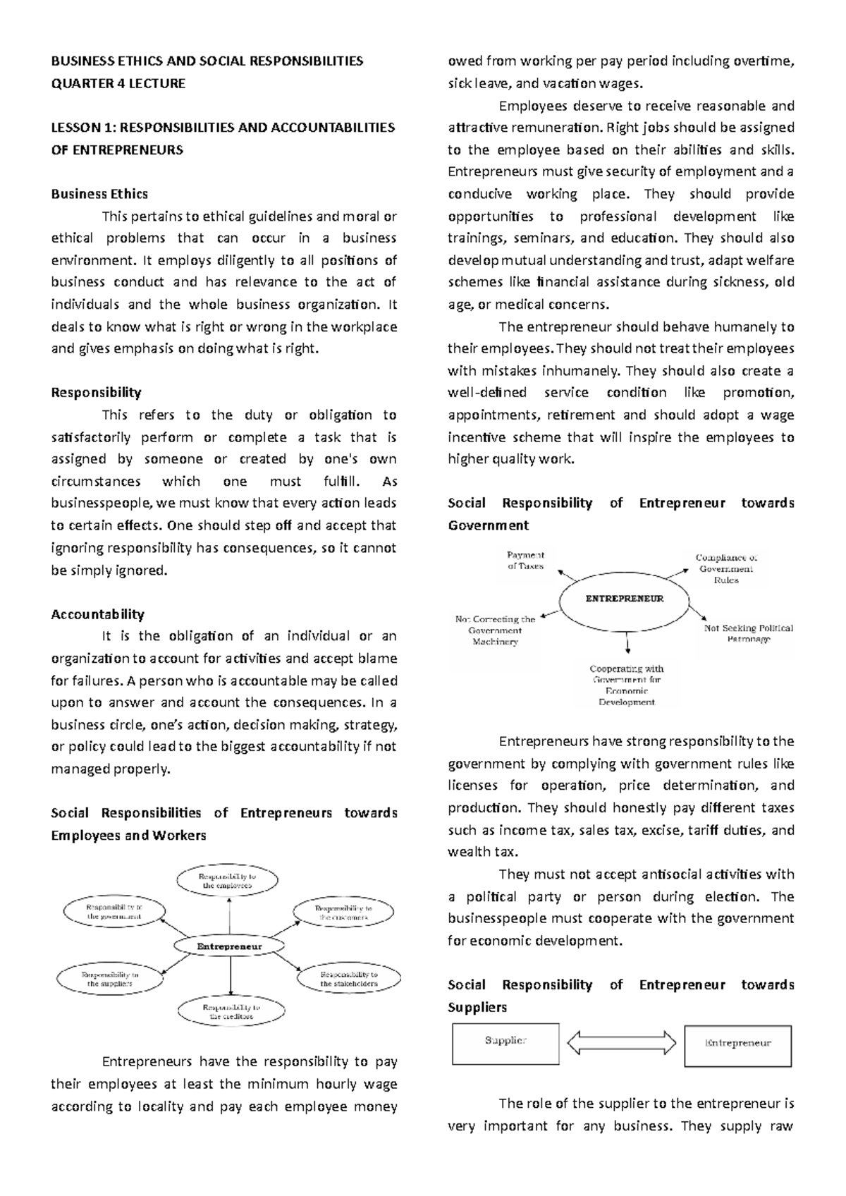 Quarter 4 Lecture: Business Ethics & Social Responsibilities Overview ...