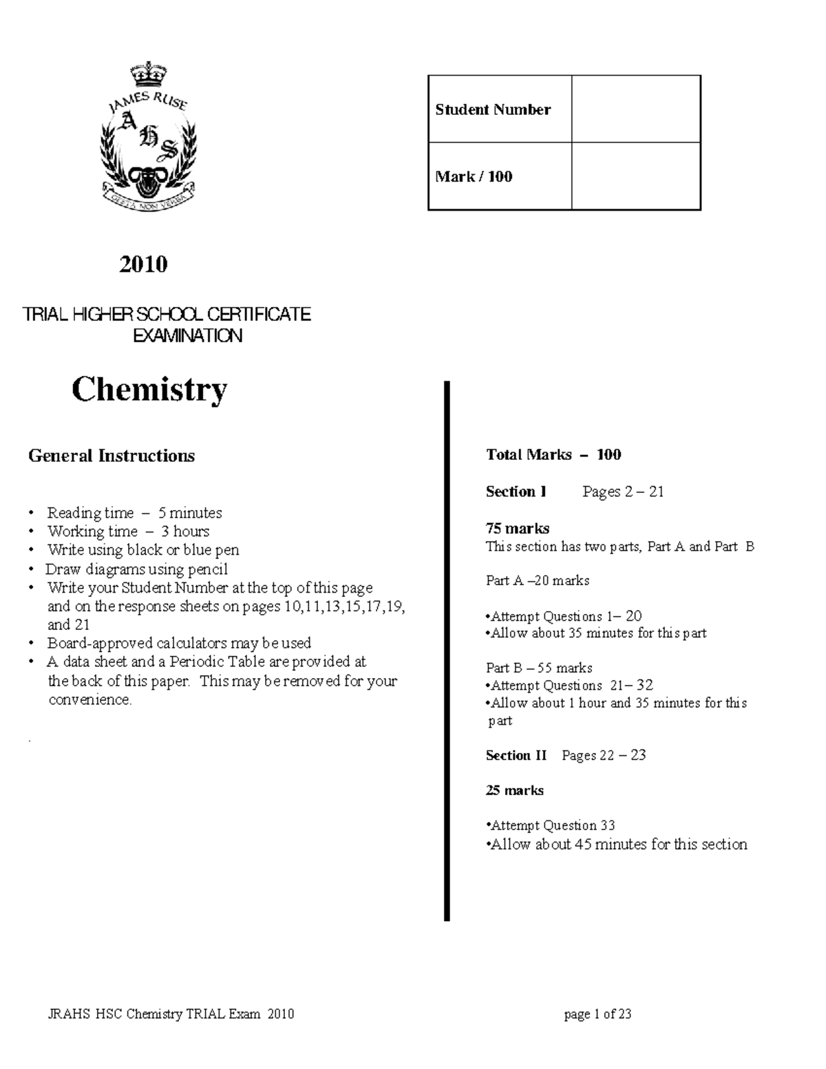 2010 JR HSC Chemistry TRIAL Exam - Complete Guide - Studocu
