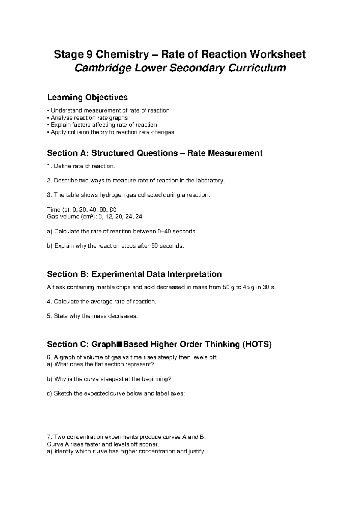 Stage 9 Chemistry Rate of Reaction Worksheet - Cambridge Lower ...