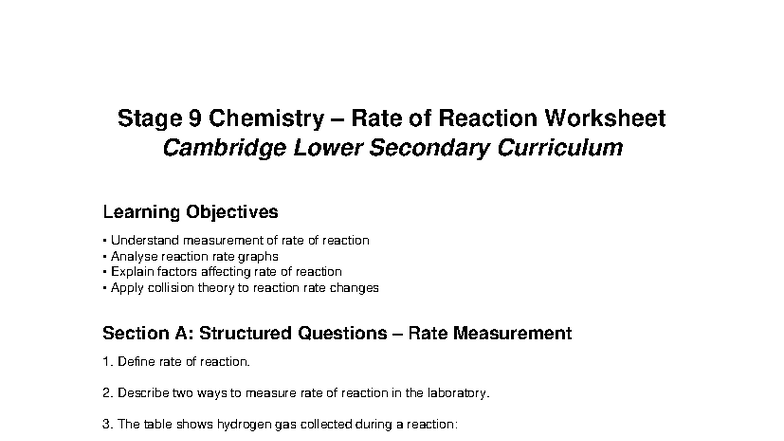 Stage 9 Chemistry Rate of Reaction Worksheet - Cambridge Lower ...