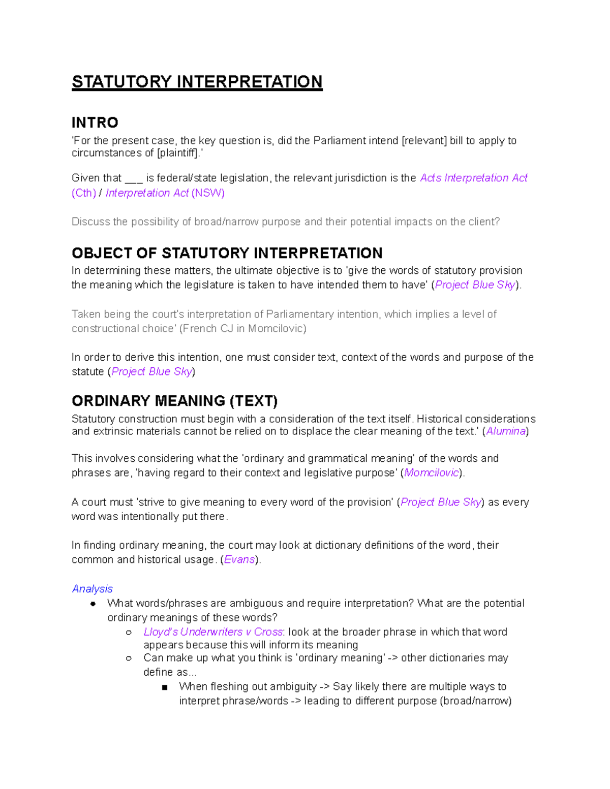 LAWS1141 Final Exam Notes on Statutory Interpretation Principles - Studocu