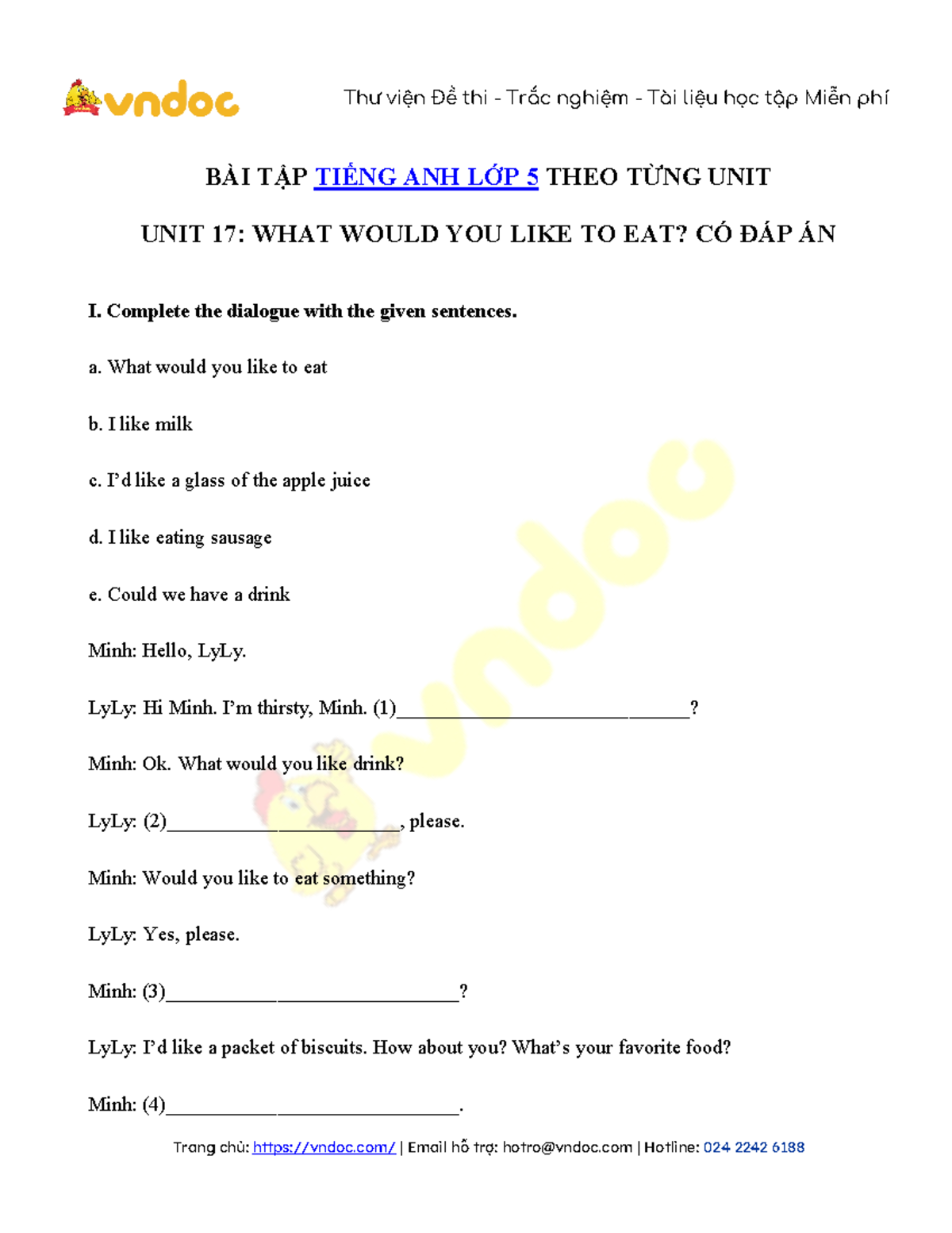 Bai tap tieng anh lop 5 chuong trinh moi unit 17 what would you like to eat - BÀI TẬP TIẾNG ANH ...
