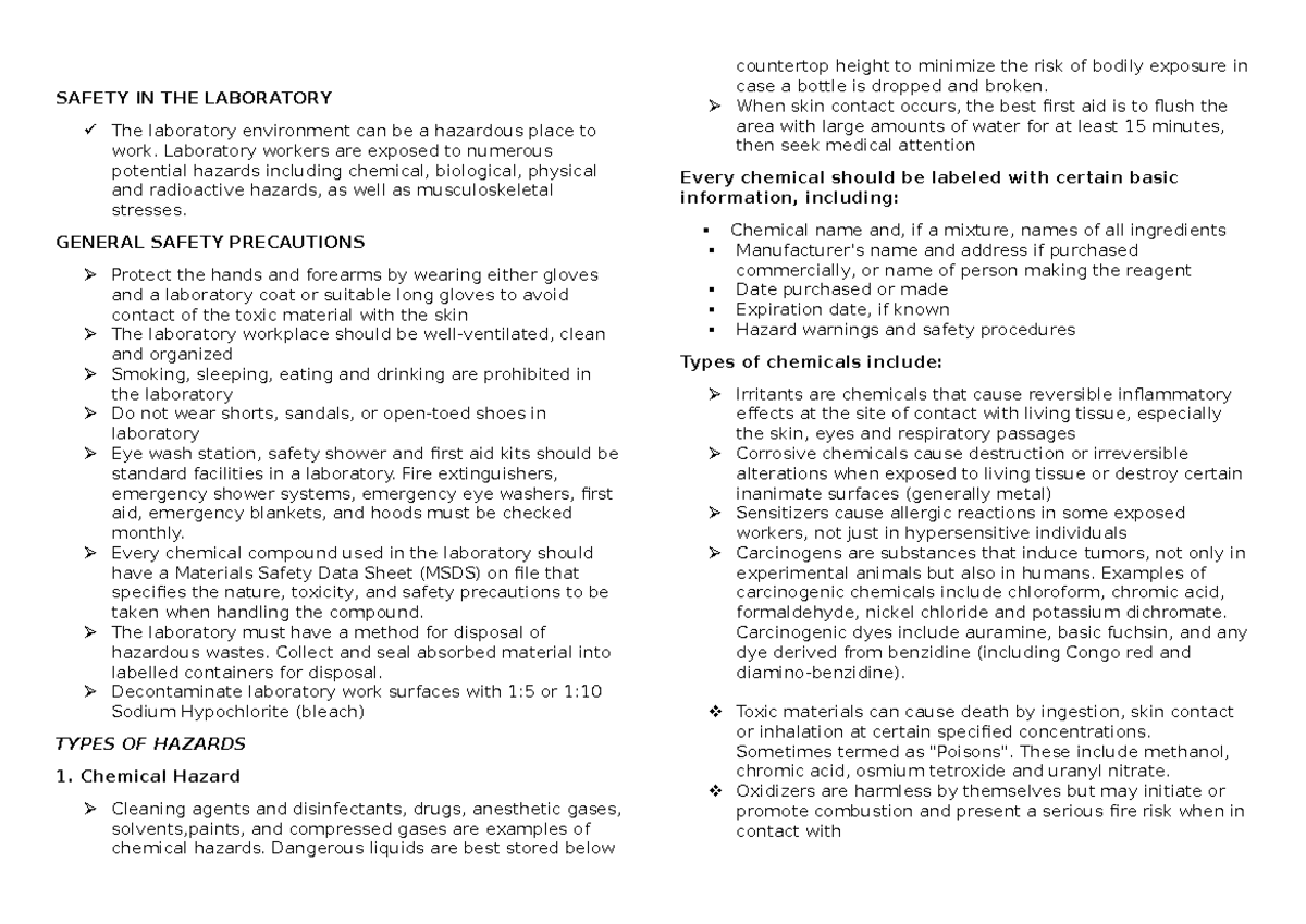 Histopath 1 Prelims: Laboratory Safety and Hazard Awareness - Studocu