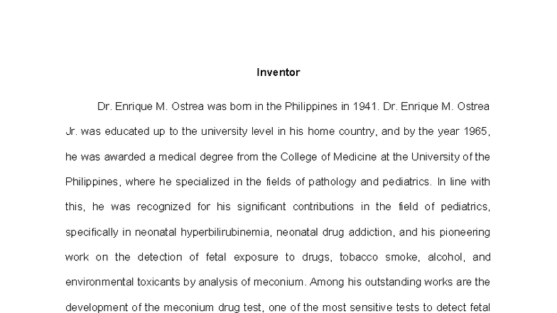 Inventor Notes on Dr. Enrique M. Ostrea's Meconium Drug Testing - Studocu