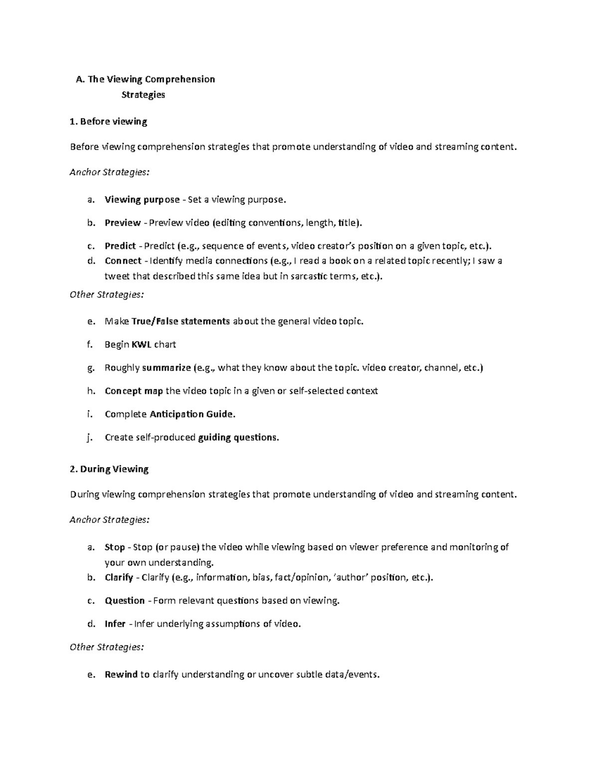 The Viewing Comprehension Strategies - A. The Viewing Comprehension ...