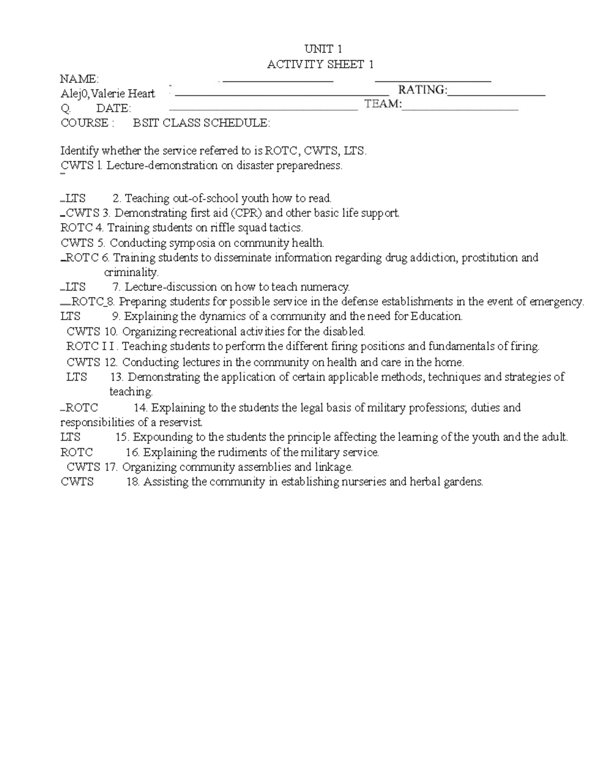 BSIT NSTP Unit 1 Activity Sheets: Service Types & Responsibilities ...