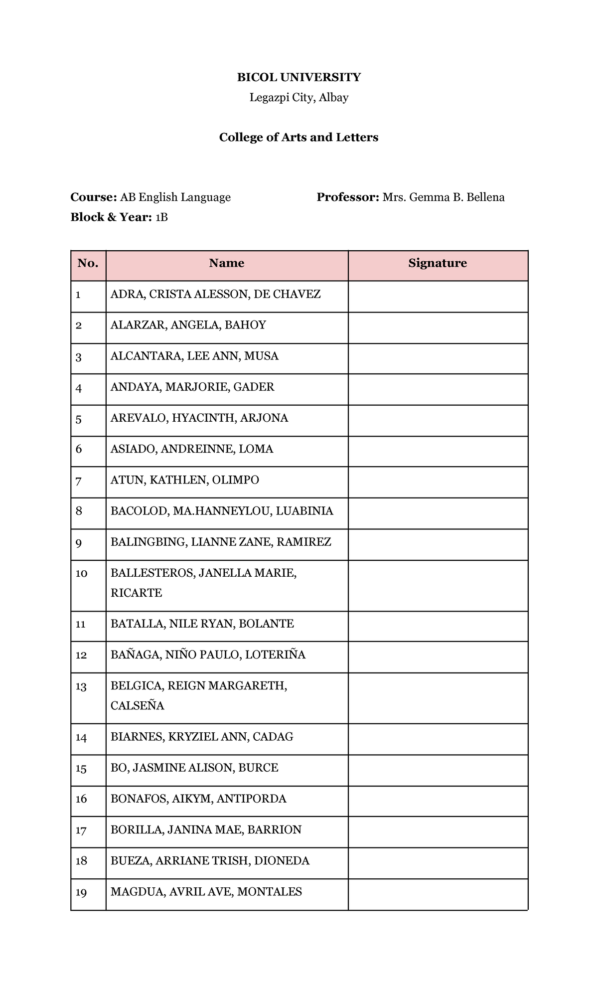 AB English Language 1B Class Roster - Mrs. Bellena - Studocu