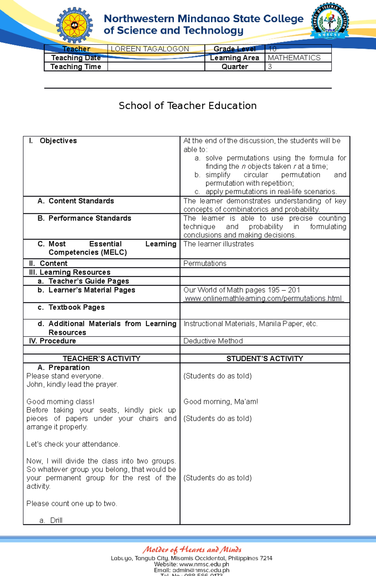 Mathematics 10: Detailed Lesson Plan on Permutations for Quarter 3 ...